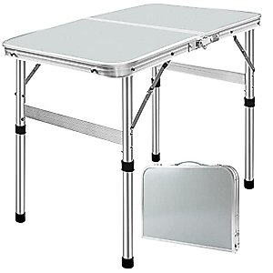 JUOIFIP Folding Camping Table Outdoor, 2 Adjustable Height Portable Folding Camping Table for Camp, Lightweight Aluminum Fold Up Camp Table for Picnic, BBQ, Party, Travel, Home Use. White