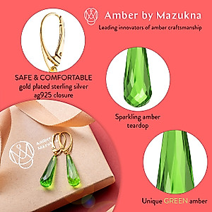 Amber by Mazukna - Amber Earrings for Women, Green Gemstone Teardrop, Gold Plated Silver ag925 Closure, 1.77x0.34in 0,07oz, Dangle Semi-Precious Stone Jewelry (Gold Plated)