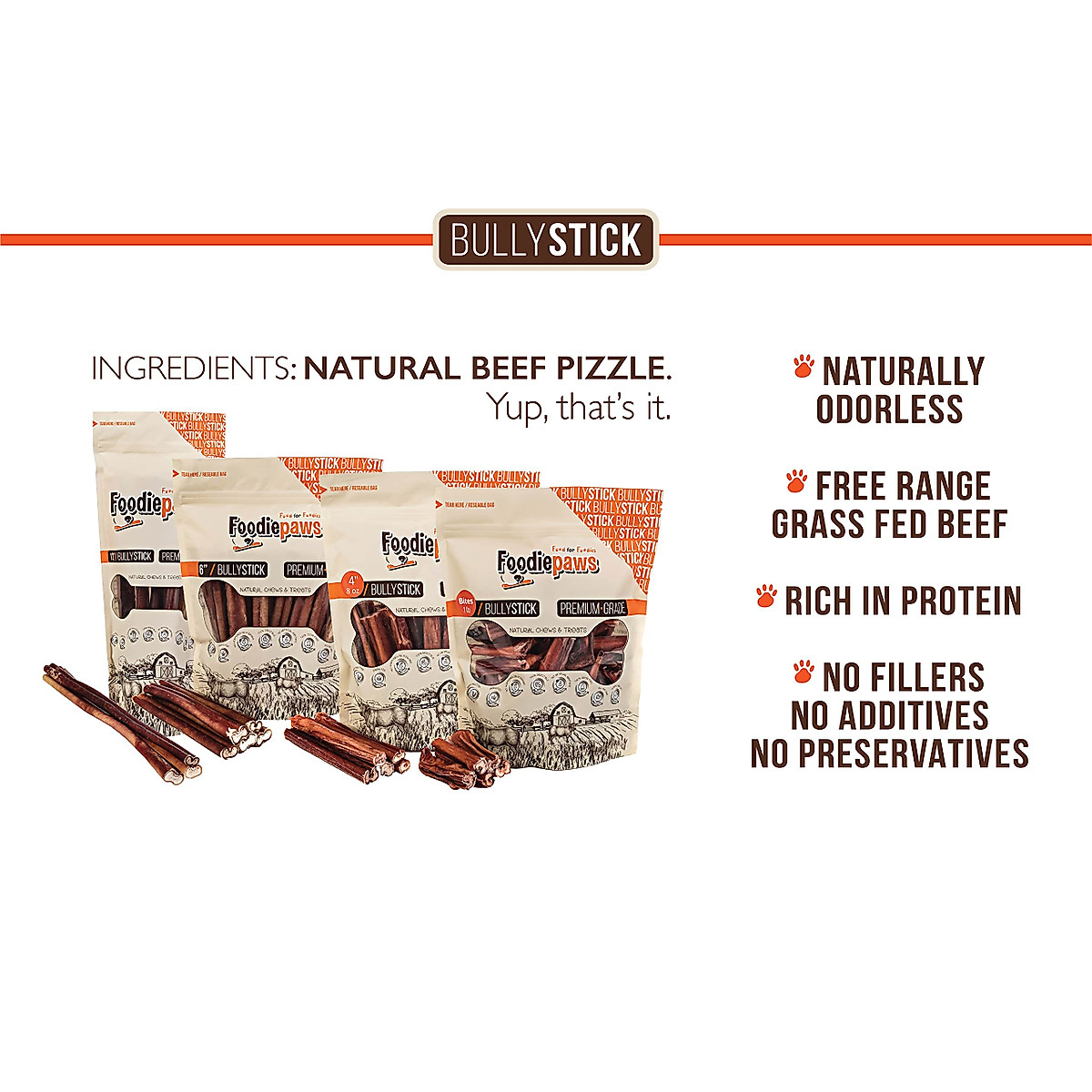 FOODIEPAWS All Natural 6-inch Jumbo Bully Sticks Odor Free USA Packed for Medium, Large Dogs- 100% Free-Range Grass-Fed Beef-Single Ingredient & Rawhide Free-Longer Lasting Dental Dog Chews 10 Pcs