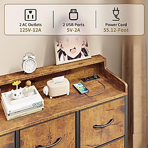Leadpro Dresser for Bedroom with 6 Drawers, LED TV Stand Dresser with Charging Station, Chest of Fabric Drawers with Side Hooks, Dresser Storage Organizer for Closet Living Room Hallway (Rustic Brown)