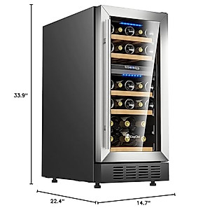 KingChii 15 Inch 26 Bottle Dual Zone Wine Cooler Refrigerator Professional Compressor, Stainless Steel & Tempered Glass For Red Wine, Champagne - Built-in or Freestanding for Home, Kitchen, or Office