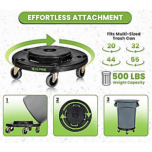 Alpine Rolling Brute Trash Can Dolly - Trash Can Dolly with Wheels/Trash Can Roller Base for Round 20, 32, 44, or 55 Gallon Garbage Bins, Heavy Duty Holds Up to 500lbs (Black)