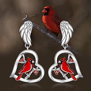 Cardinal Earrings for Women Sterling Silver Cardinal Appear When Angels Are Near Heart Red Bird Jewelry Dangle Memorial Gifts Angel Wing Studs