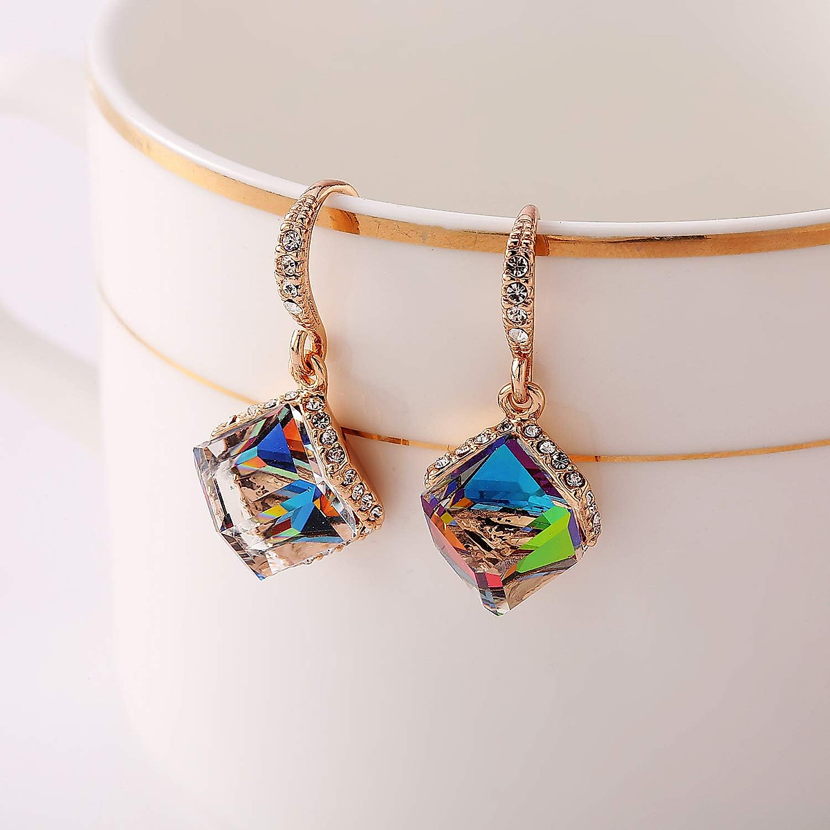 Austrian Crystal Cube Drop Dangle Earrings for Women 14K Gold Plated Hypoallergenic Jewelry (Rainbow/Rose Gold-tone)