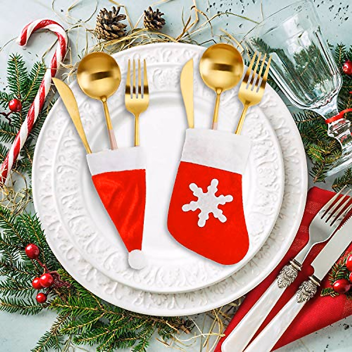 40 Pieces Christmas Santa Hats Silverware Holders Tableware Holders Santa Claus Flatware Holder Christmas Socks Decorations Dinner Table Decorations Party Supplies