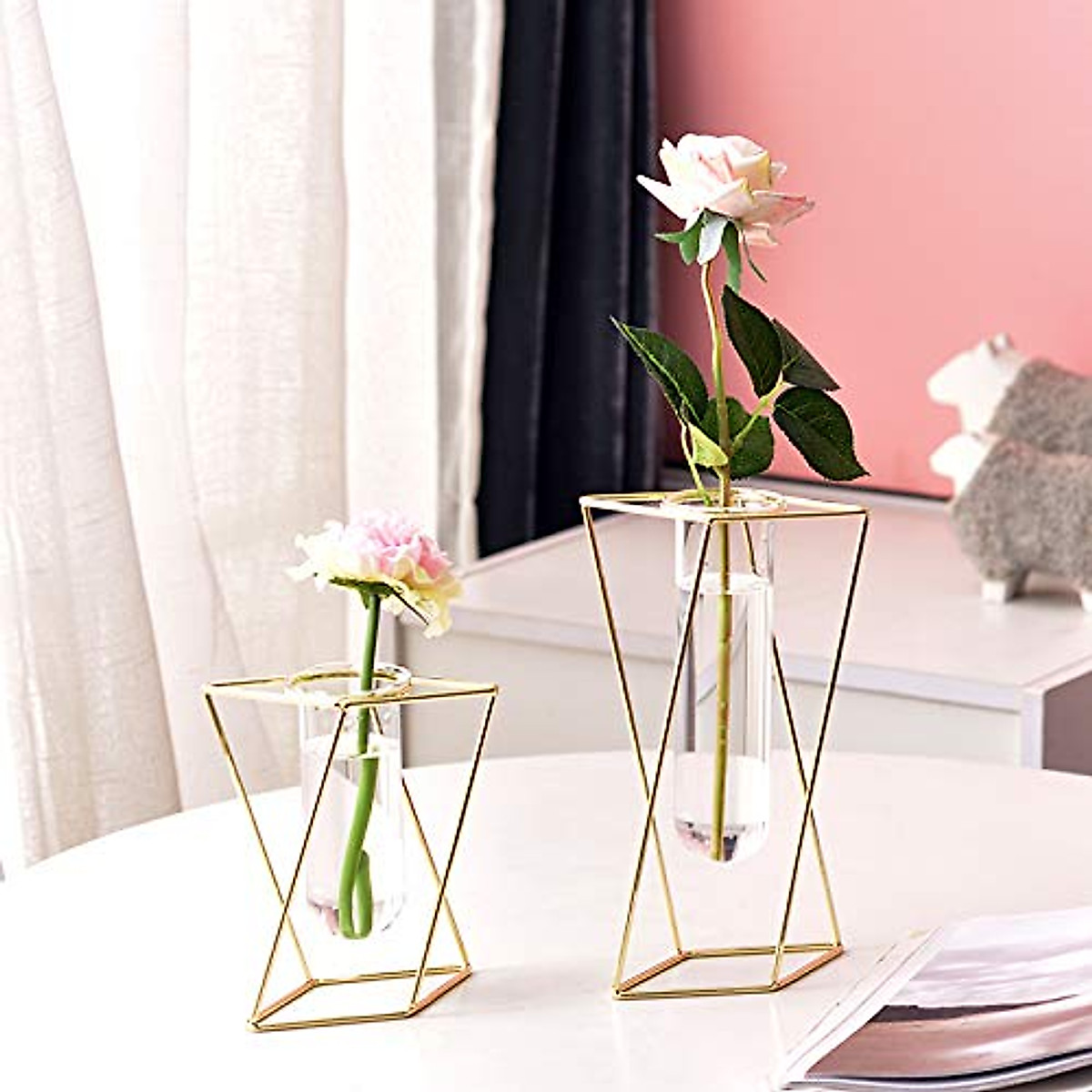 Aoderun Glass Flower Vase with Metal Stand Modern Geometry Desktop Glass Planter Indoor Hydroponics Plants for Home Office Garden Wedding Decor (Gold, M)