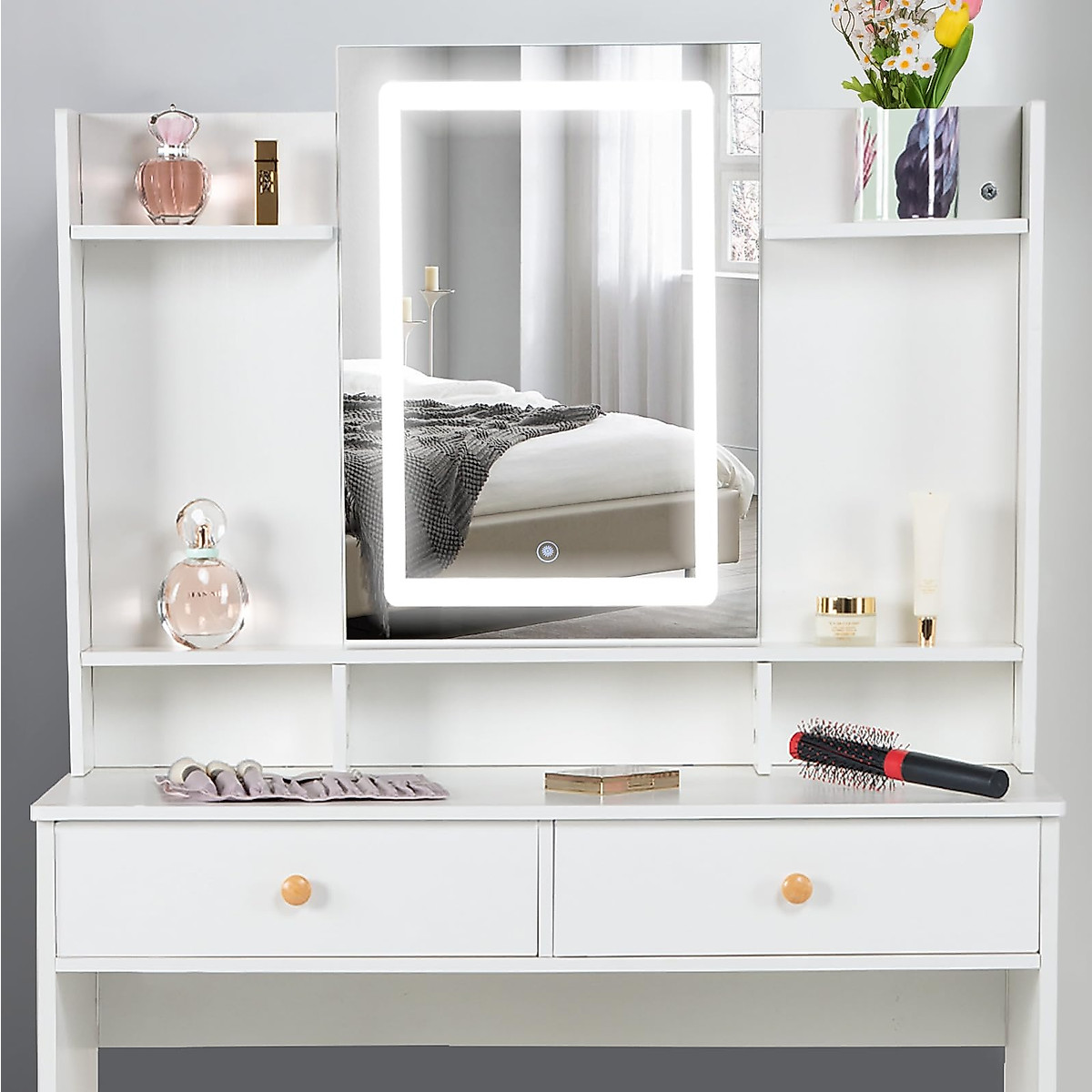 Caulitar Vanity Desk with Mirror and Lights-3 Color and Brightness Adjustable, Vanity Set with Drawers and Chair, White Makeup Vanity Table for Girls