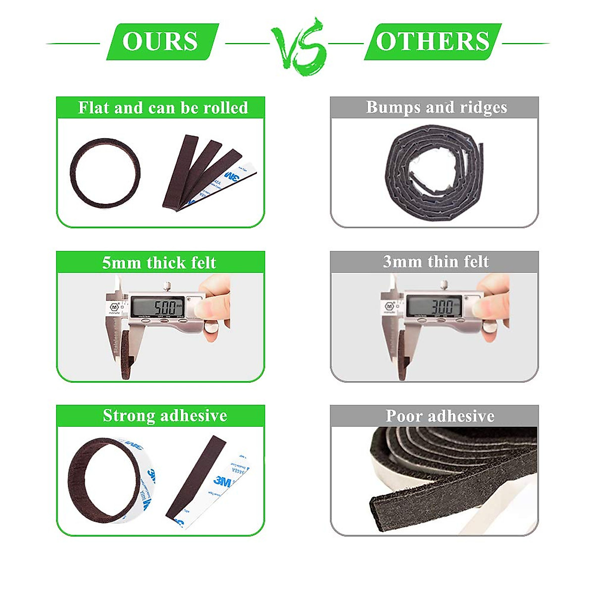 Felt Strips 10Pieces Pack 1x 6 Inches Self Adhesive Brown Furniture Felt Strips Anti Scratch Heavy Duty 5mm Thick Floor Protector for Rocking Chair for Hardwood Floor