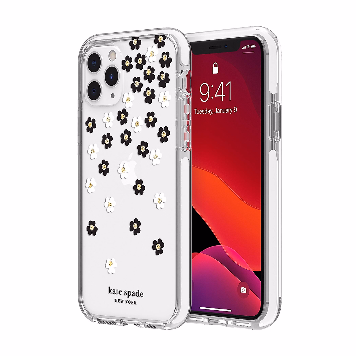 kate spade new york Scattered Flowers Case for iPhone 11 Pro - Polyurethane, Shock-Absorbent, Defensive Hardshell with White Bumper, Scattered Flowers Gold Gems