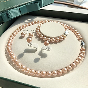 QuakerBrid Freshwater Cultured Pearl Set Jewelry for Women Includes Pearl Bracelet, Stud Earrings and Drop Dangle Earrings High Luster AAA Quality Genuine Round 8.0-9.0mm Pink Pearl Strand Necklace