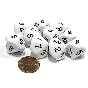 Koplow Games 10 Piece Set of 10-Sided D10 Polyhedral Dice - White with Black Numbers