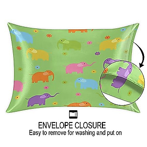 Colorful Elephant Flowers Satin Pillow Cases Silk Satin Pillowcase for Hair and Skin Standard Set of 2 Super Soft Silk Pillowcase with Envelope Closure (20x26 in)