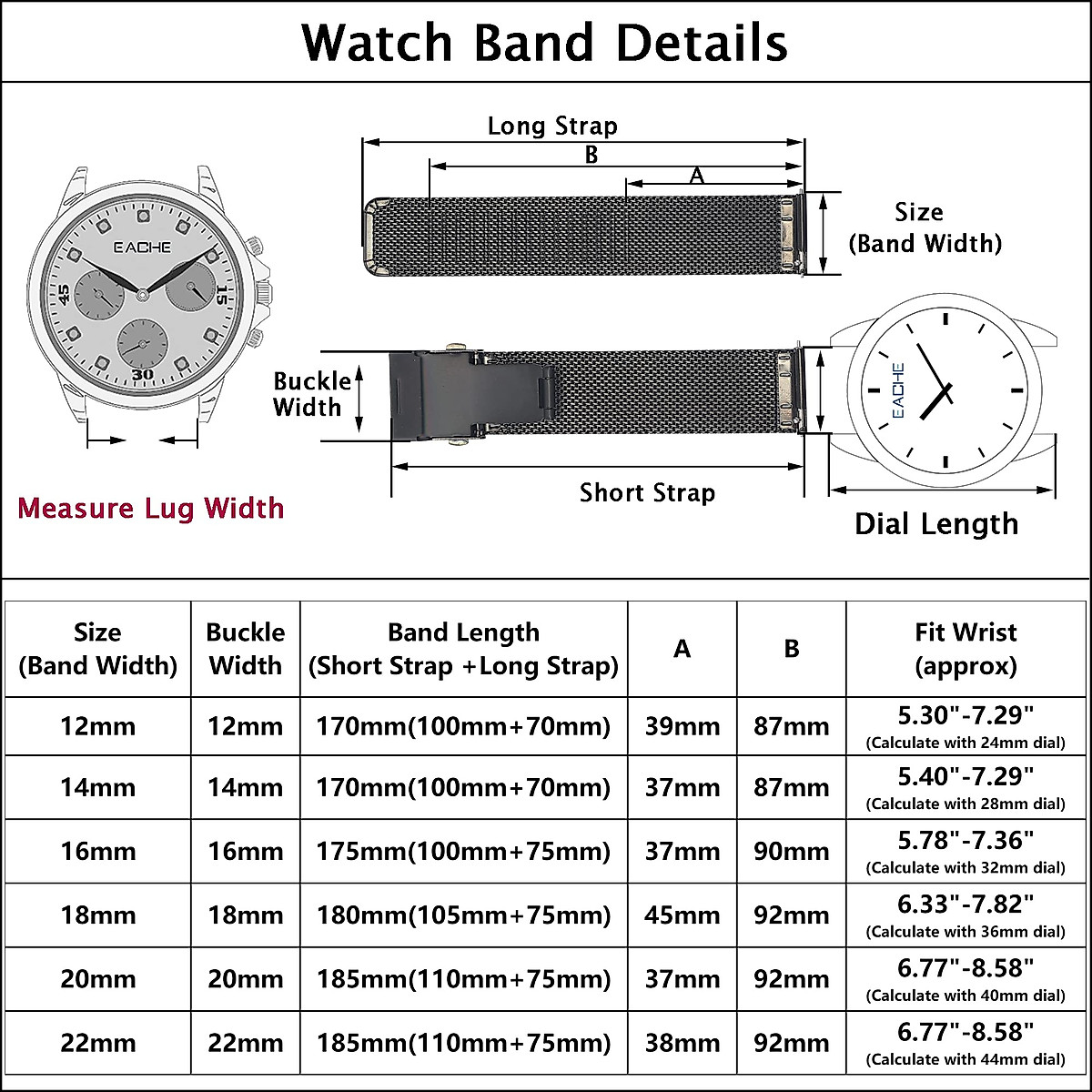EACHE Stainless steel Mesh watch band for Men Women Quick release Adjustable Mesh Watch Straps 18mm Silver