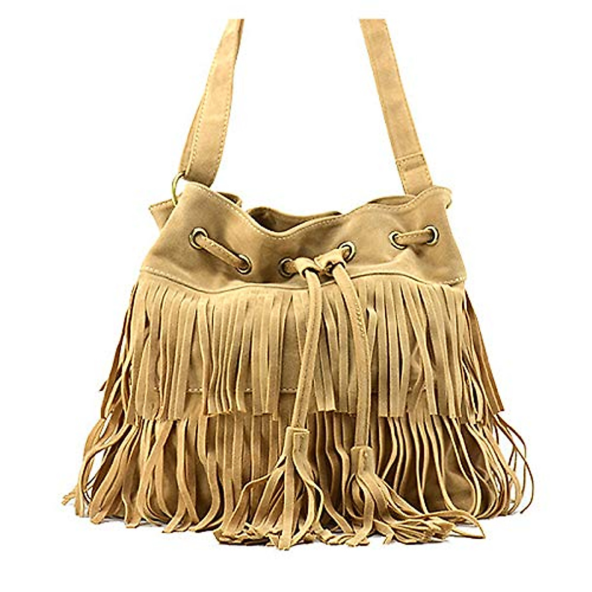 Heidi Women's Fringed Bucket Purse Tassel Faux Suede Shoulder Bag Ring Top-Handle Crossbody Bag Apricot