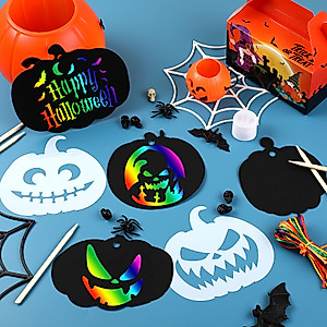 JULMELON 48 Pieces Halloween Scratch Paper Crafts Kit Bulk of Halloween Pumpkins Magic Rainbow Scratch Art for Kids DIY Party Ornaments Halloween Decor with 6 Pcs Halloween Pumpkins Stencils