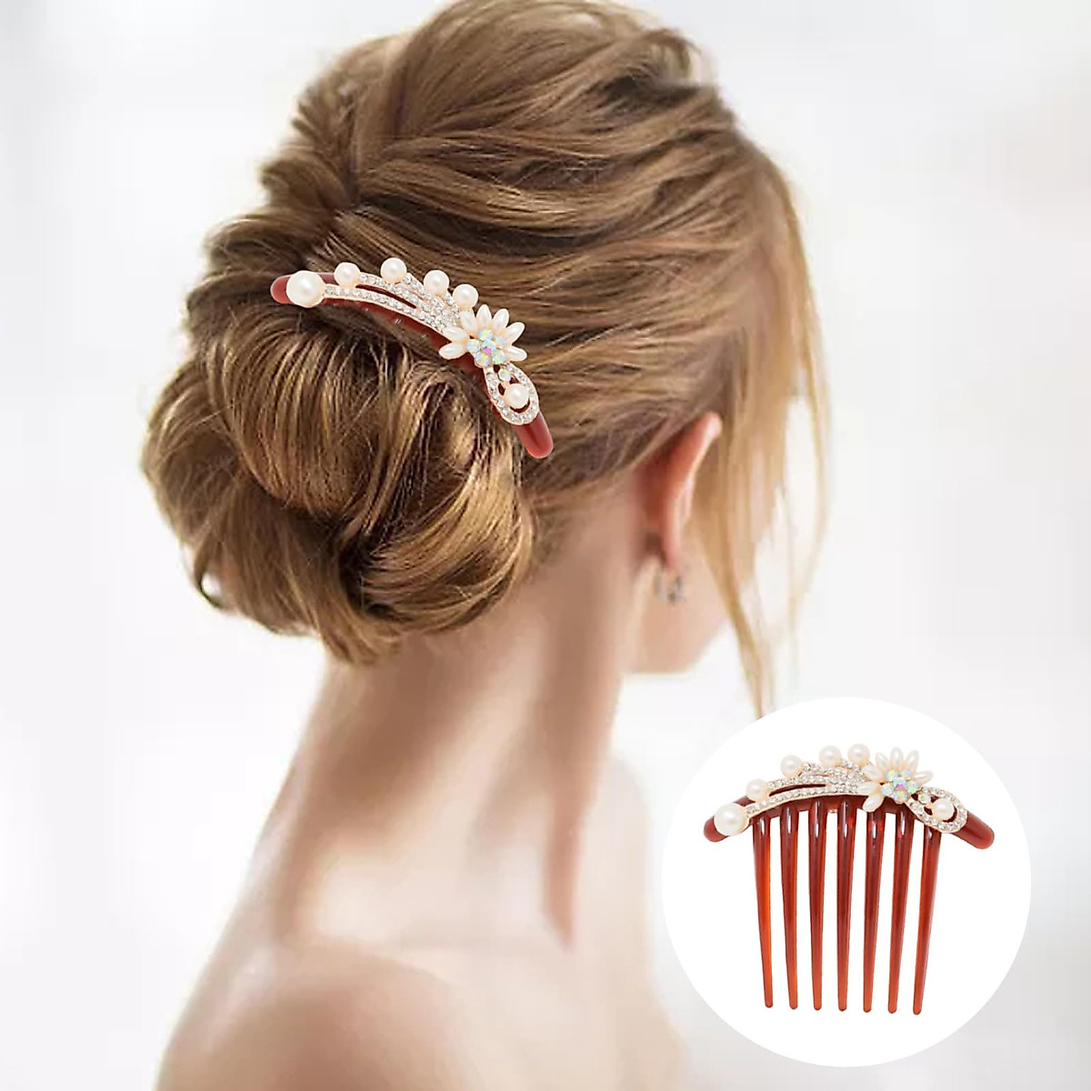 Honbay 2PCS 7 Teeth Hair Side Combs Pearl Crystal Rhinestone Floral Twist Combs Rhinestone Flower Hairpin Decorative Hair Combs Accessories for Women (2 Style)