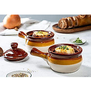 French Onion Soup Crocks with Lids, by Kook, Ceramic Bowls, Large Handles, Dishwasher, Microwave, Oven & Broil Safe, Brown/White, Set of 4, 15 oz, Puebla Collection