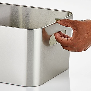 mDesign Steel Metal Storage Container Bin Basket, Handle - Kitchen Pantry, Cabinet, Fridge, Drawers, Freezer Organization - Food/Snack Holder Crates, 9" Wide, Mirri Collection, 2 Pack, Brushed Chrome