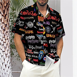 Bhlounplo Button Down Shirt Men Rock and Roll Punk Print Pocket Lapel Hawaiian Casual Loose Short Sleeve Shirt-Black-2-XXXL