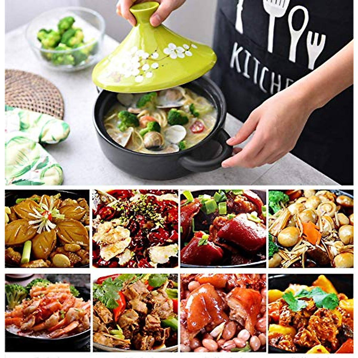 Tagine Pot with Handle, 20cm, Ceramic Pot, Casserole lid, Claypot Rice, High Temperature Resistance, Hand-Made Hand-Painted Taji Pot Slow Cooker Clay/Green