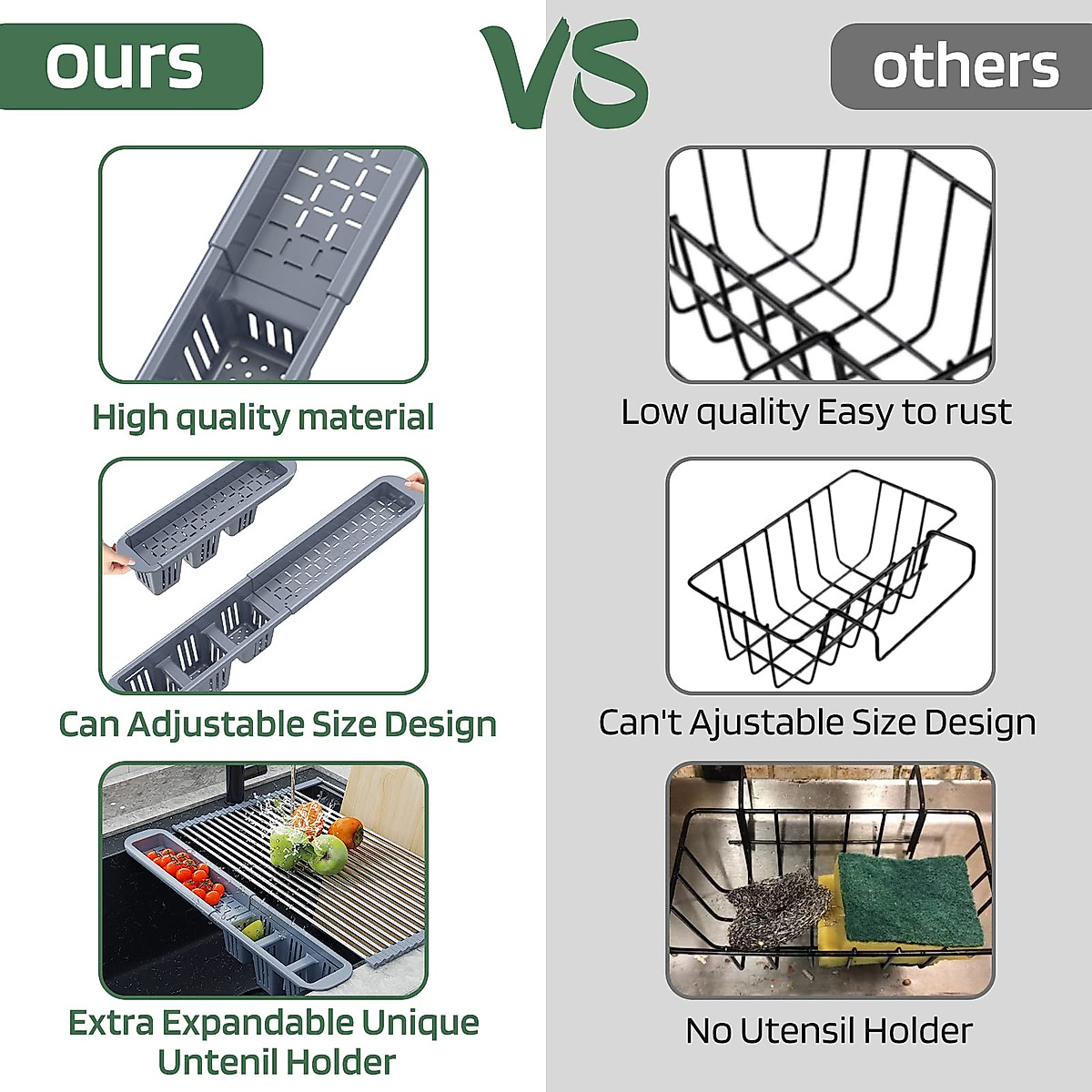BBXTYLY Over The Kitchen Sink Caddy Sponge Holder Organizer Drying Rack,Kitchen Soap Dispenser Caddy Organizer, Countertop Soap Dish Rack Drainer with Removable Expandable Drain Tray 11.4" to 22.8"