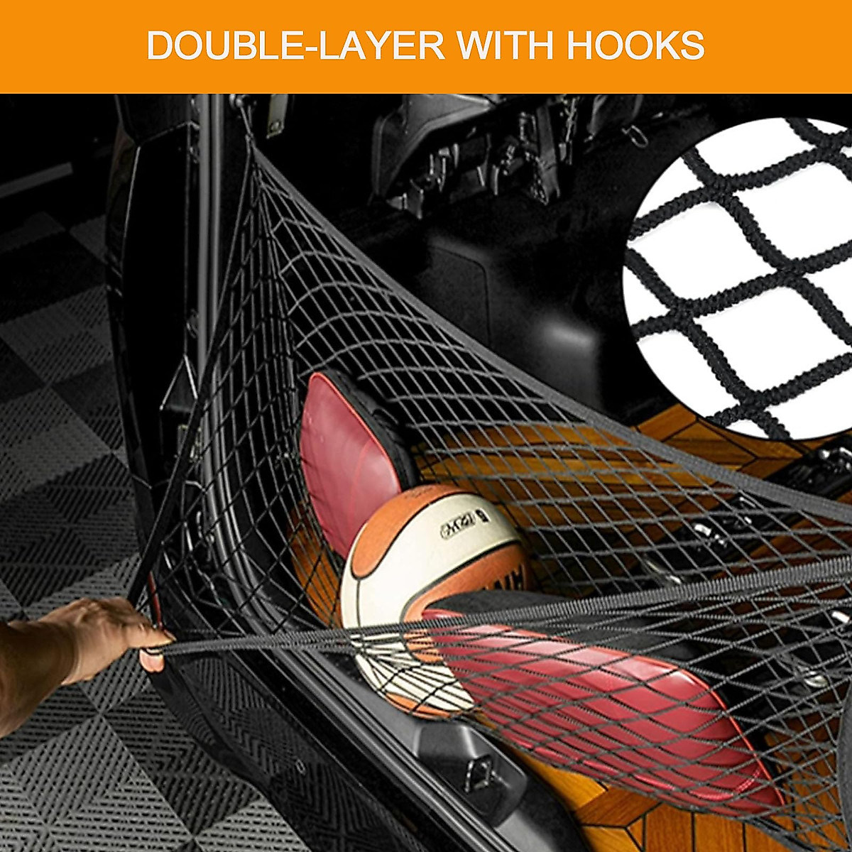 QODOLSI 1 PC Car Trunk Luggage Net, 3.6Ft x 1.3Ft Adjustable Elastic Truck Cargo Storage Net with Installation Tool, Universal Vehicle Organizer Accessories for SUVs Cars RVs Trailer (Black)