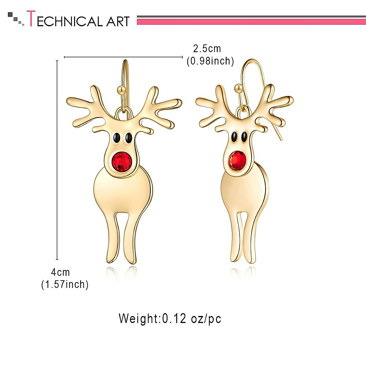 TOVABA Stainless Steel Gold Xmas Reindeer Earring, Hypoallergenic Nickel Free, Lightweight Christmas Gift for Women and Girls