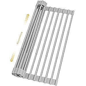 Roll Up Dish Drying Rack Expandable, Foldable Drying Rack Over The Sink for Kitchen, Silicone and Stainless Steel Dish Rack, Adjustable Dish Drainer for Kitchen Counter (19.68" x 12.91")