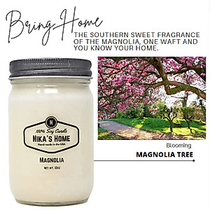 Nika's Home Magnolia Soy Candle 12oz Mason Jar Non-Toxic White Soy Handmade, Long Burning 50-60 Hours Highly Scented All Natural, Clean Burning Large Candle Gift Décor