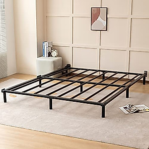 Queen Bed Frame, 7 Inch Metal Platform Bed Frame Queen Size No Box Spring Needed, Floor Bed Frame with Steel Slat Tool-Free Easy Assembly Non-Slip Mattress Foundation, 9-Leg Heavy Duty Bedframe, Black