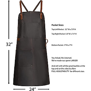 Theodore Top Grain Leather Apron - 32.5” H x 24.5” W with Adjustable Crossback Leather Straps. Our Leather Apron for Men has 2 Large Pockets and a Towel Strap. Grill Apron is Flame & Heat Resistant