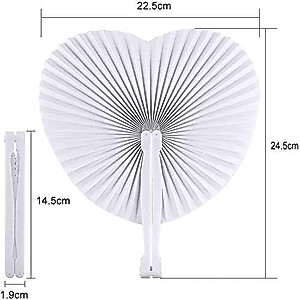 Zwin 48 Pcs Heart Shaped Paper Fans for Wedding Pocket Folding Paper Fans with Plastic Handle White Blank Fans for Guest Celebration Party Decoration