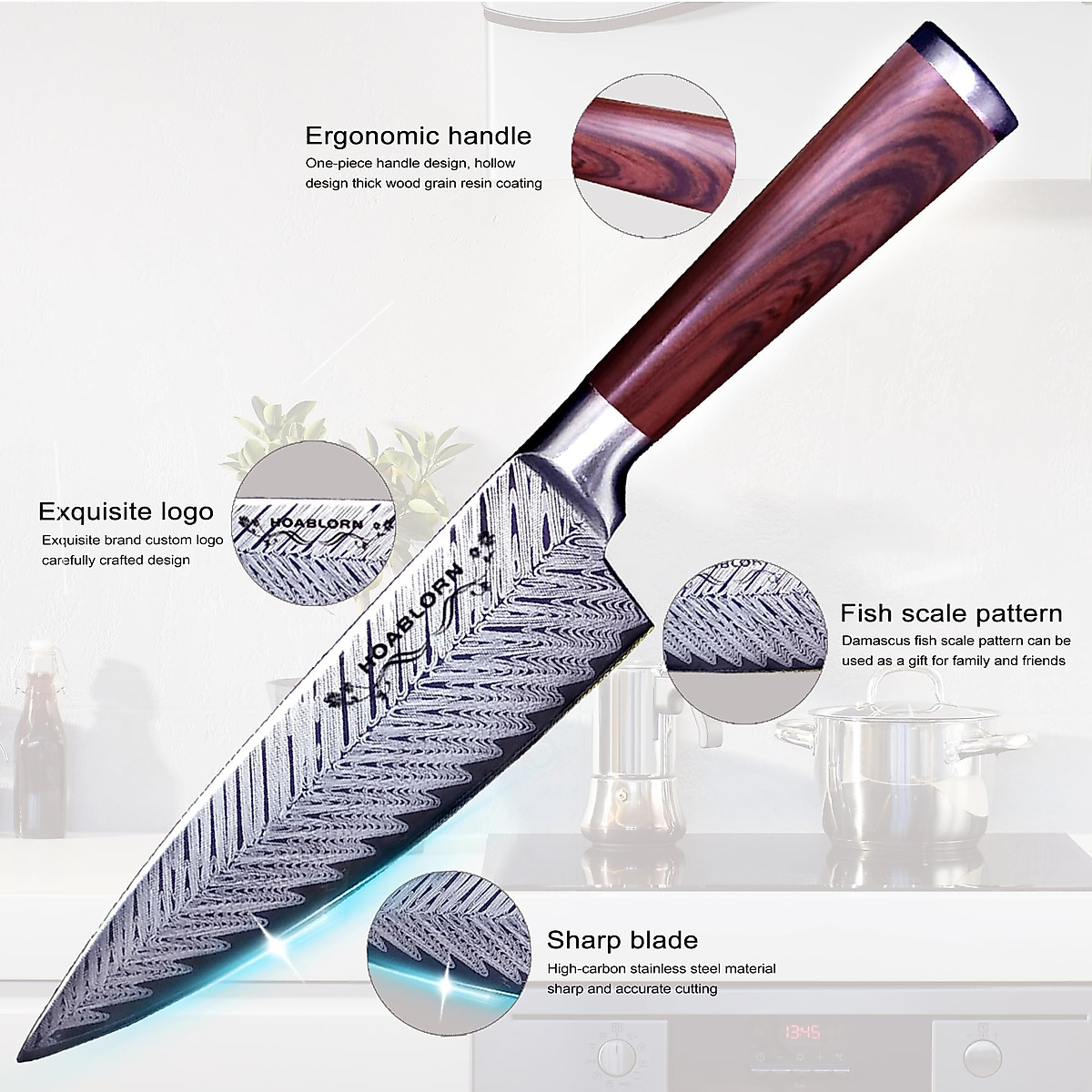 ChefHoablorn Damascus Knife Block Set 15PCS Kitchen Knife Set with Block Premium Chef Knife Set Stainless Steel Handle, Japanese Knife Set, Cutting Board, Wine Corkscrew Set Perfect Housewarming Gift