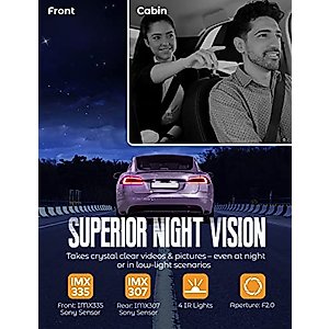 Dual Dash Cam, Dash Cam 2K Front and 1080P Cabin Dash Camera, 2.5K 2560x1440P@60fps Single Front, Dual Sensor, Infrared Night Vision, App Control, 24hr Parking Mode, Built-in GPS, VD009
