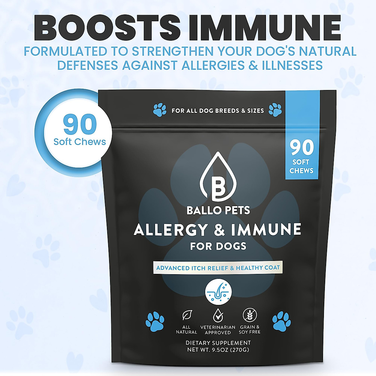 Ballo Pets Allergy & Immune Chews for Dogs - Itch Relief for Dogs - Dog Seasonal Allergies- Skin and Coat Supplement - Omega 3, Pumpkin Powder, Turmeric Root, Quercetin- 90 Soft Chews- Salmon Flavor