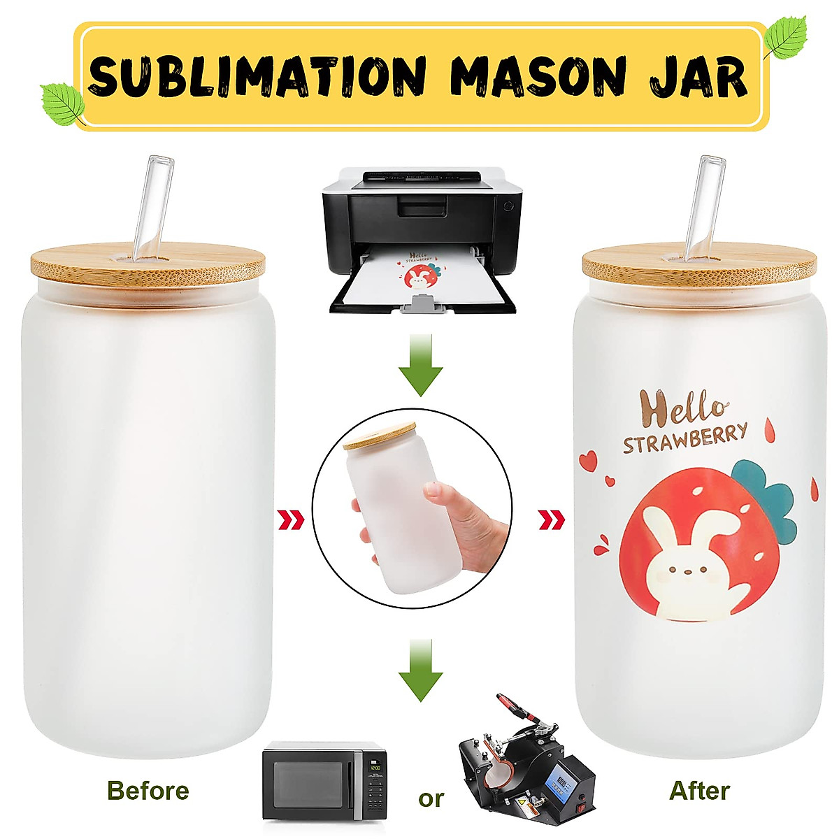 WUWEOT 6 Pack Sublimation Glass Cans, 18 Oz Frosted Sublimation Blanks, Reusable Wide Mouth Mason Jar Tumbler Cups, Beer Can Shaped Glass with Straw and Brush for Iced Coffee, Juice, Soda