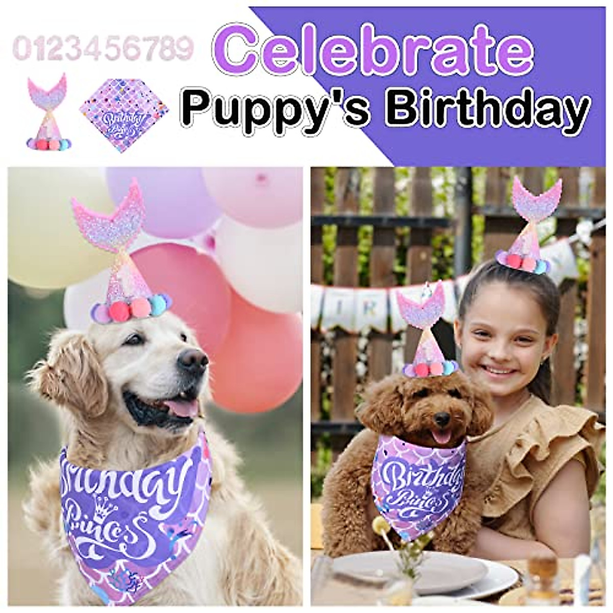 Cute Dog Birthday Party Supplies, Boy Girl Dog Birthday Bandana Scarf and Dog Birthday Hat with Number (Mermaid, Large)