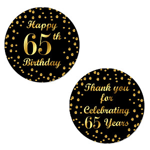 65th Birthday Round 2 Inch Big Glossy Stickers, Thank You for Celebrating 65 Years Black and Gold Labels, Great for Party Favors, Decorations, Tags, Gift Bags and Supplies. Made in USA