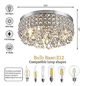 Maxax 4 Lights Crystal Chandelier, Modern Drum Ceiling Light Fixture Lamp, Raindrop Flush Mount Round Metal Shade, for Dining Room, Living Room, Bathroom, Bedroom, Chrome