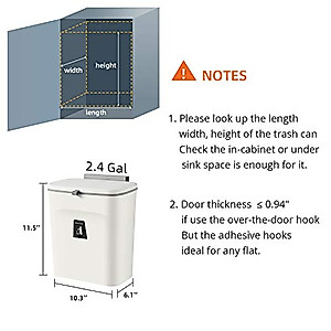 SUBEKYU 2.4 Gal Hanging Trash Can for Kitchen Cabinet Door with Lid, Small Under Sink Garbage Can for Bathroom, Wall Mounted Counter Waste Compost Bin, Plastic (White)
