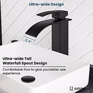 Vessel Sink Faucet Waterfall Spout Deck Mount Bathroom Matte Black Stainless Steel 304 Bowl Basin One Hole One Handle Mixer Tap with Pop Up Drain