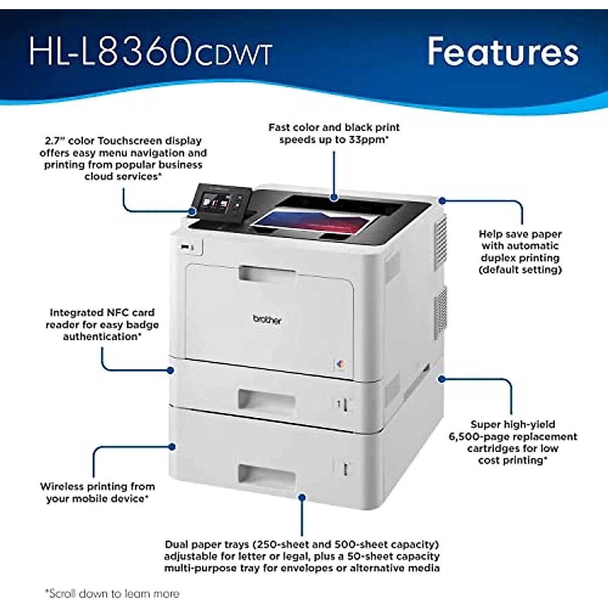 Brother Color HL-L8360CDWT Business Wireless Single-Function Laser Printer - Print Only - 2.7" Touchscreen, 33 ppm, 600 x 2400 dpi, 1GB Memory, Auto Duplex Printing, Dual Trays, NFC, Ethernet, Cbmoun