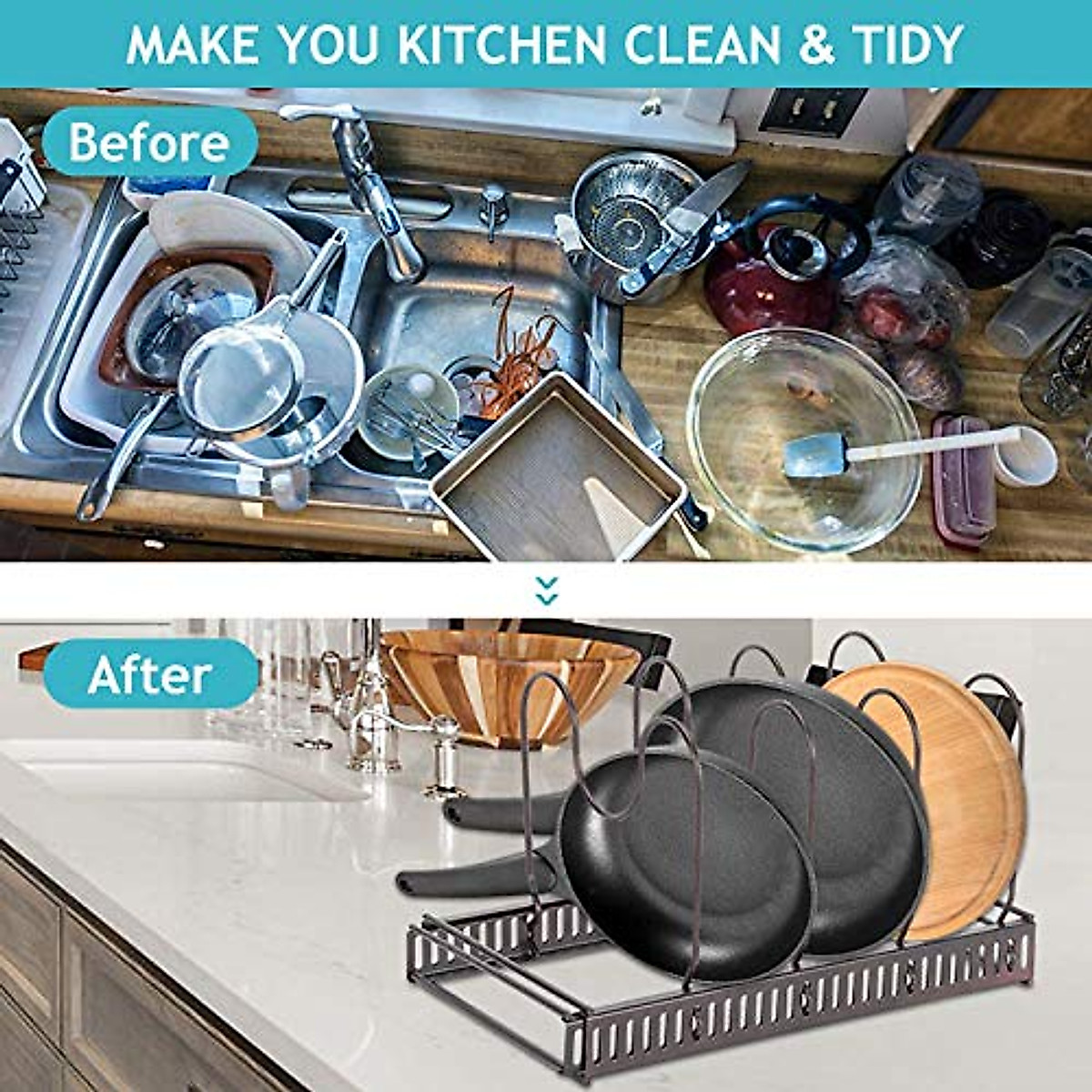 MDHAND Pots and Pans Organizer for Cabinet, Pot Rack with 2 DIY Methods, Adjustable Pan Organizer Rack for Cabinet, Pot Organizer for Kitchen Organization & Storage, Pot Lid Organizer