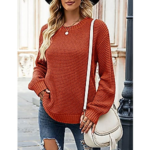 MEROKEETY Women's 2023 Casual Fall Waffle Knit Sweater Long Balloon Sleeve Loose Pullover Jumper, Rust, M
