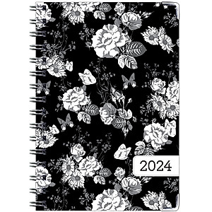 HARDCOVER 2024 Planner: (November 2023 Through December 2024) 5.5"x8" Daily Weekly Monthly Planner Yearly Agenda. Bookmark, Pocket Folder and Sticky Note Set (Monochrome Floral)