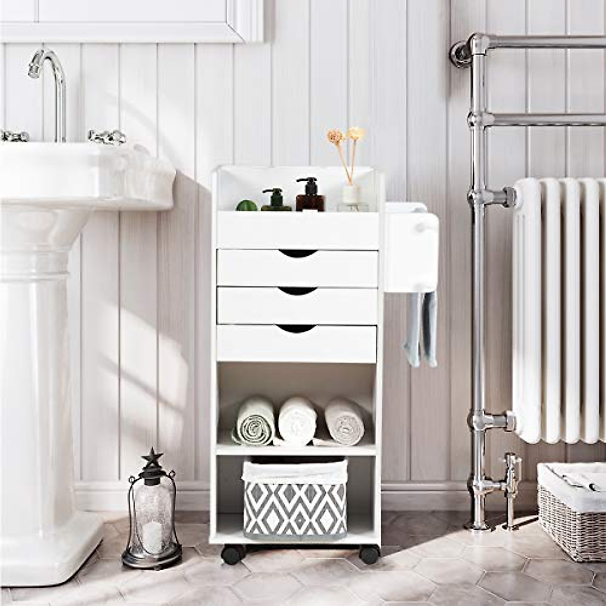 Tangkula Rolling Storage Drawer Cart, Home Office Mobile Drawer Cart, Wooden Utility Cart Storage Cabinet w/ 3 Drawers & 3 Open Storage Shelves, Paper Organizer w/Lockable Casters