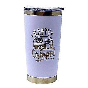 Happy Camper 20oz Coffee Tumbler (White), Coffee Mug for Mom, 20 oz Stainless Steel Insulated Travel Mug with Lid