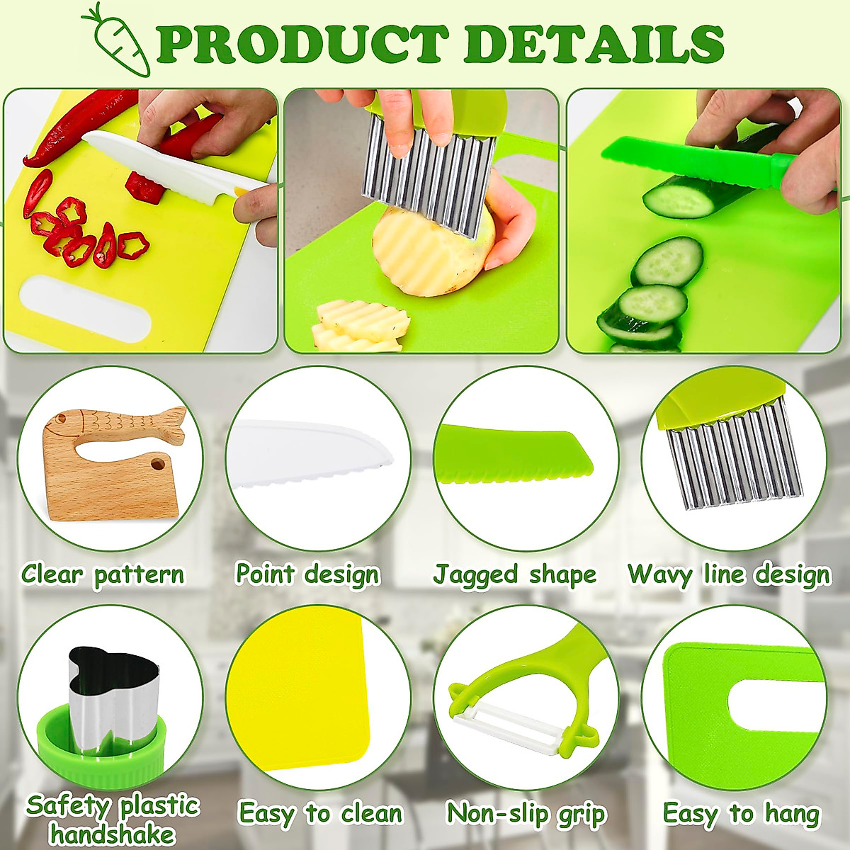 15 PCS Montessori Kitchen Tools for Toddlers Kids Cooking Sets, Apron, Serrated Toddler Knife, Crinkle Cutter, Sandwich Cutter, Wooden Fruit Knife, Y Peeler, Cutting Board for Cooking Kid Safe Knives