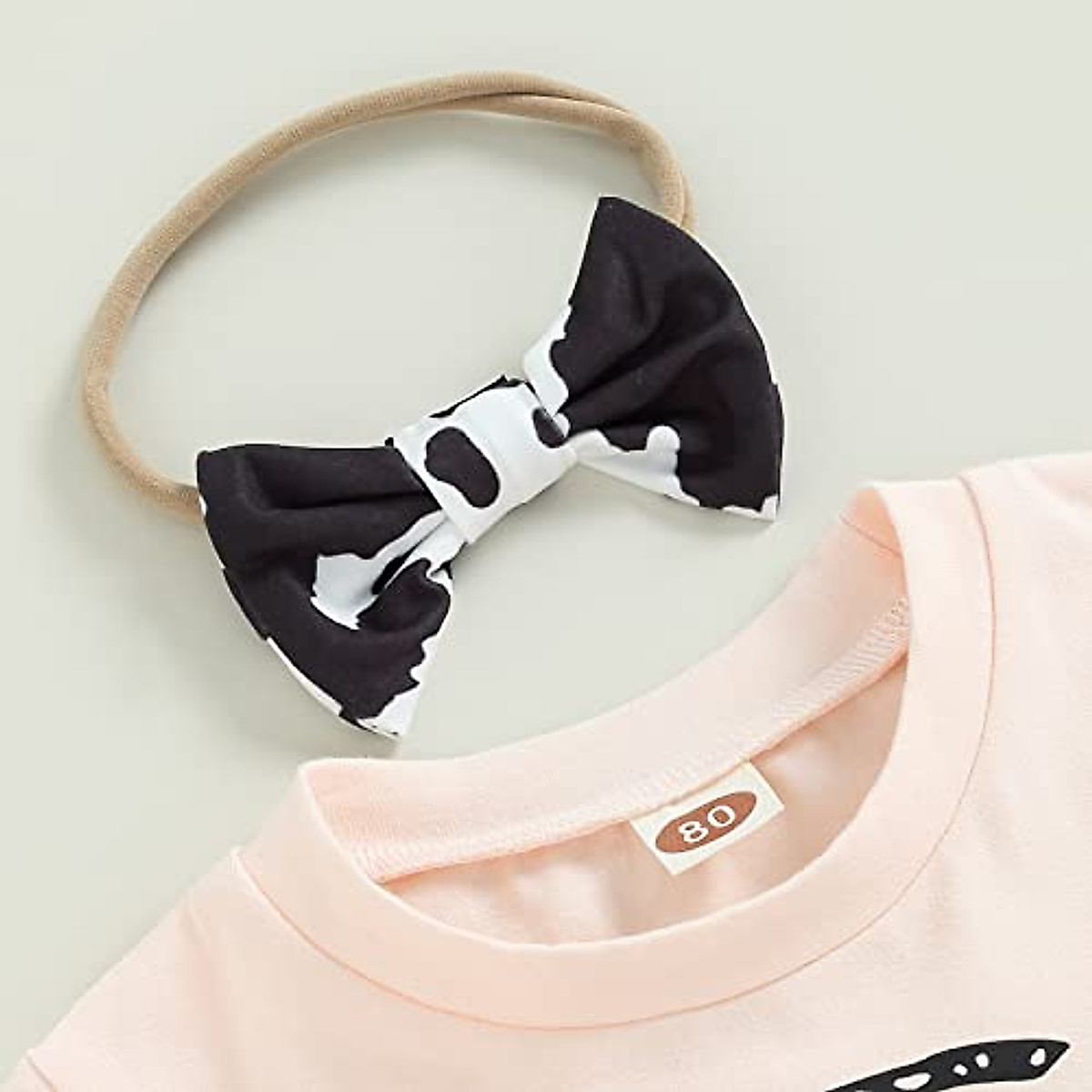 TheFound Summer Toddler Girls Clothes Short Sleeve Bull Print Tops Elastic Waist Short Headband Casual Cute Outfits (Beige, 12-18 Months)