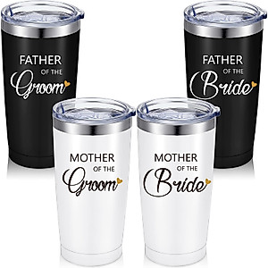 4 Pieces Mother of the Bride Groom Father of the Bride Groom Tumbler Set 20 oz Tumbler Travel Mugs with Lids Straws Brushes Wedding Favor Gifts for Bridal Shower Engagement Announcement Party
